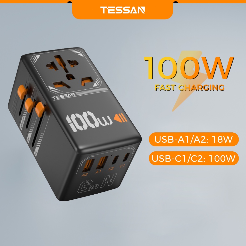 TESSAN 100W Universal Travel Adapter Worldwide With 2 USB C/2 USB A ...