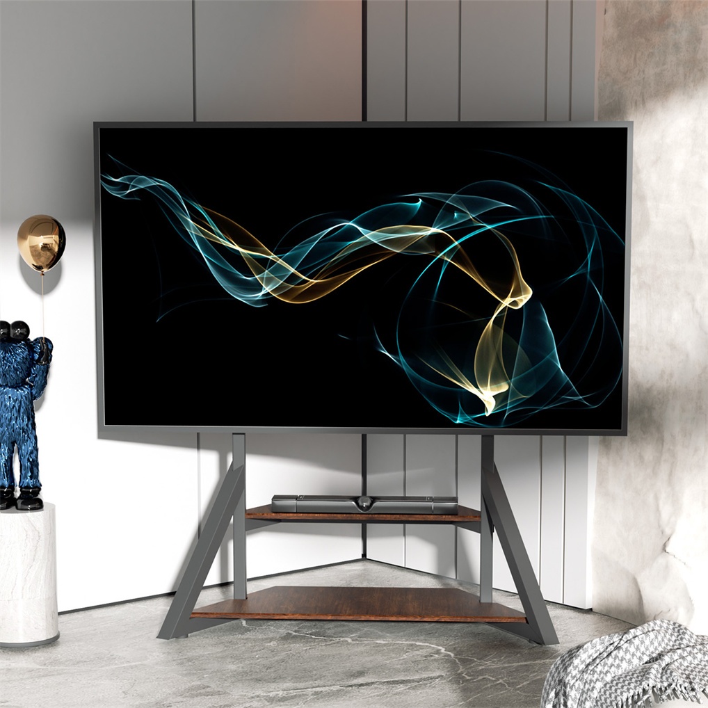 Industrial TV Floor Stand with 2 Tier Wood Shelves Height Adjustable TV ...