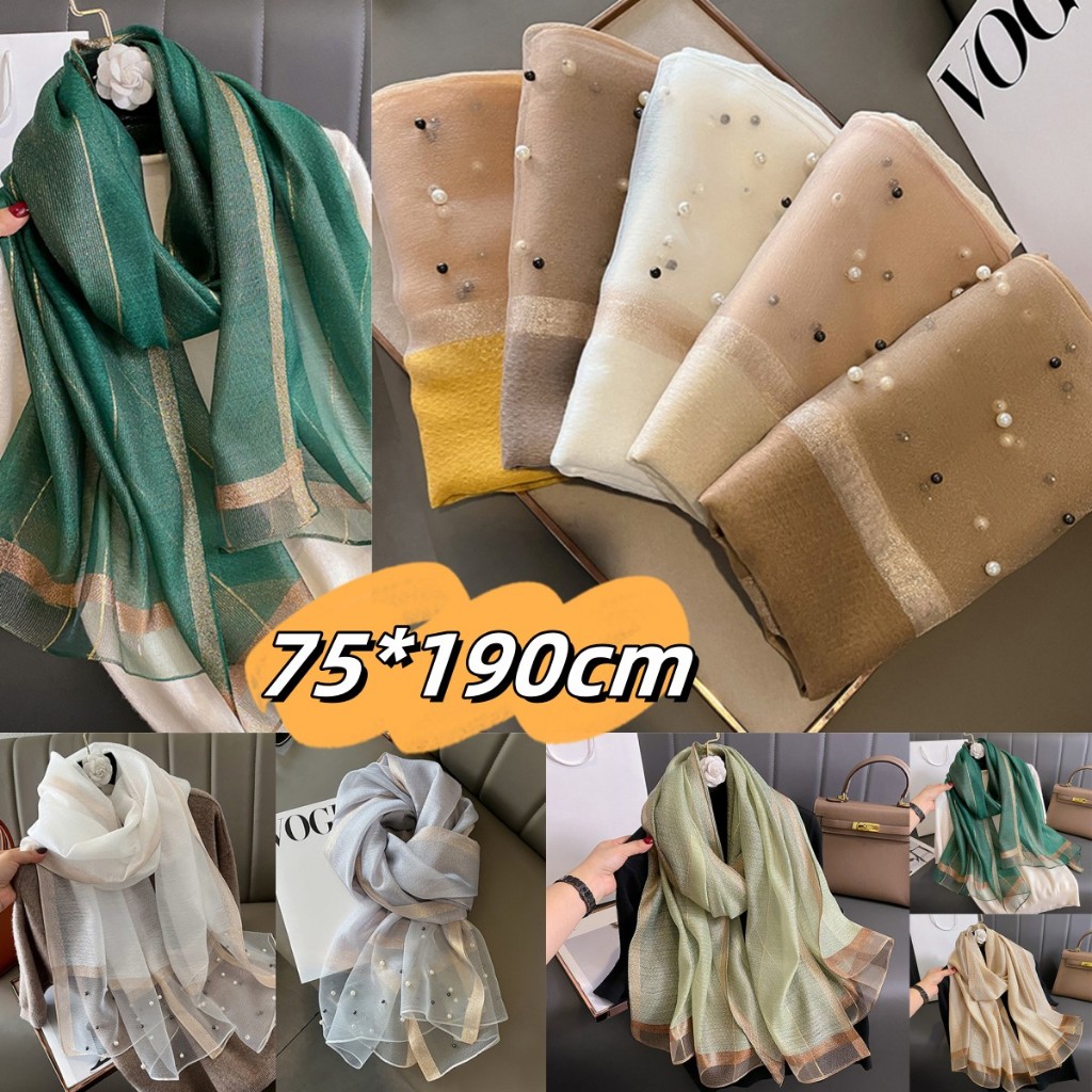 Muslim Hijab Headscarf Plain Solid Silk Linen Shawls Pearl Beaded Gold ...