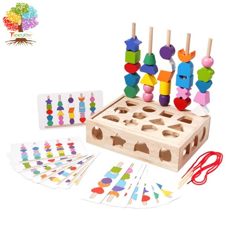 Montessori Wooden Beads Sequencing Toy Set, Stacking Blocks & Lacing ...