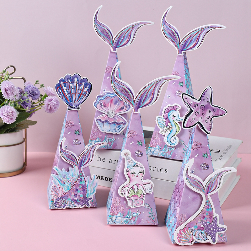 6pcs Mermaid Triangle Party Boxes with Stickers DIY Candy Box Mermaid ...