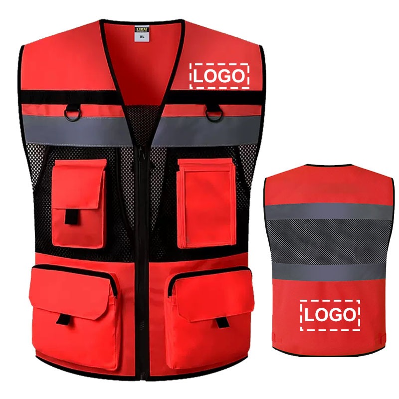 Red Safety Vest Reflective Logo or Text Custom Hi Vis Vest with Pockets ...