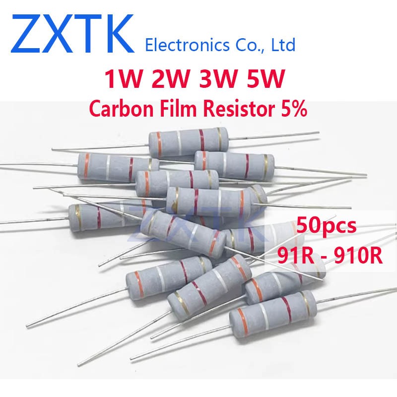 50PCS Carbon film resistor 5% Ohm 1W 2W 3W 5W 91R-910R 100R 120R 150R 180R 200R 220R 240R 270R ...
