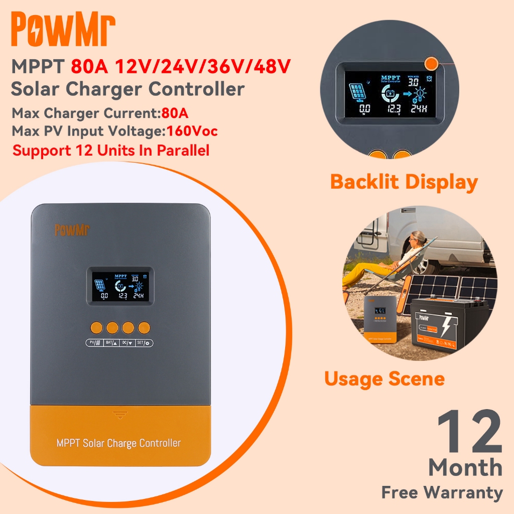 【Official Store】PowMr MPPT 80A Solar Charger Controller 12V/24V/36V/48V Automatic LCD Backlight ...
