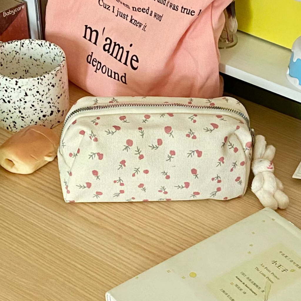 Cream Floral Flower Pen Bag Large Capacity Pencil Case Makeup Bag ...