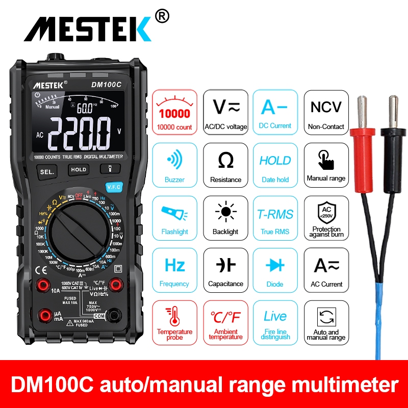 Mestek Smart Digital Multimeter Manual/Automatic Multimeter Temperature ...