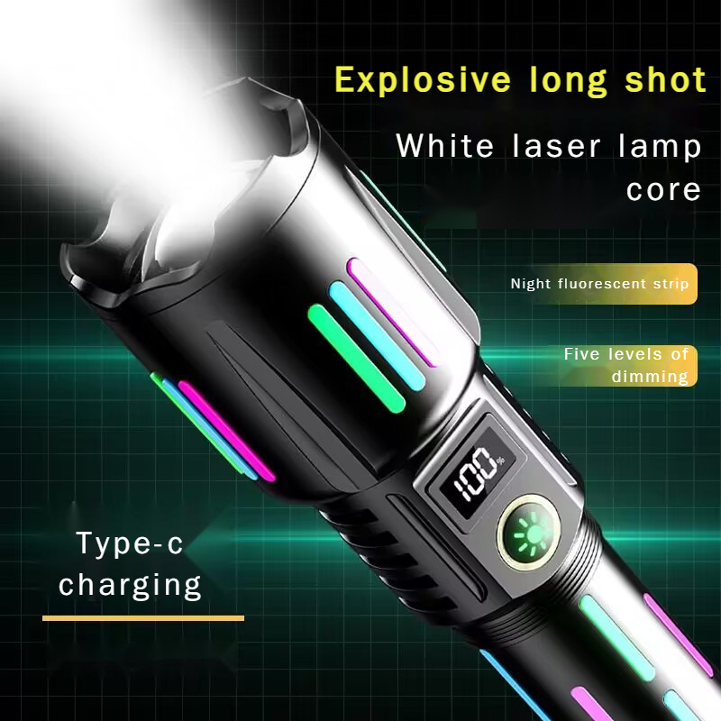 Upgraded Flashlight Type-C Charging Colorful Fluorescent Strong Outdoor ...
