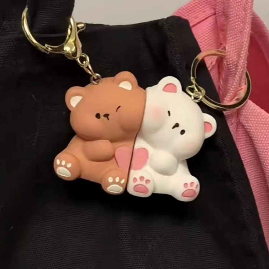 Cute cartoon teddy bear and you stick love couple magnetic keychain ...