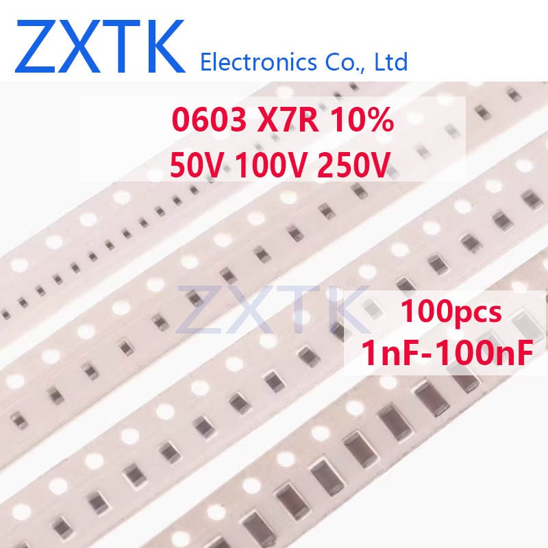 100PCS 0603 50/100/250V SMD Chip Ceramic Capacitor X7R 10% 1nF-100nF 1 ...