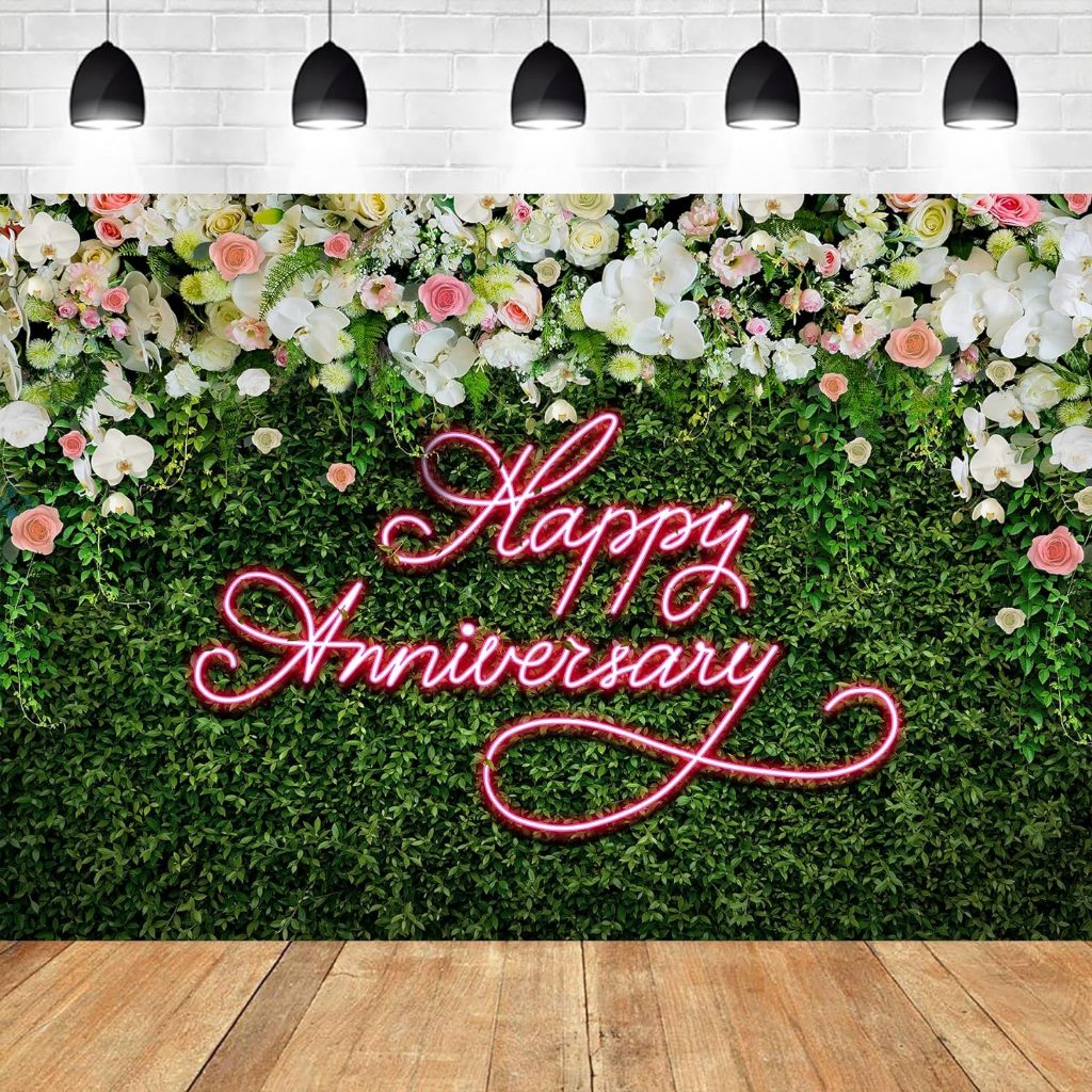 Green Leaves Happy Anniversary Backdrop Polyester Fabric Neon Pink ...