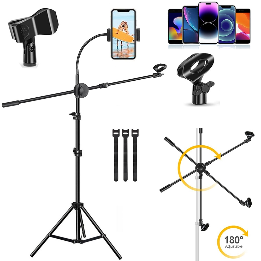 Mic Stand，Dual-use Tripod Microphone Stand with Phone Holder Gooseneck ...