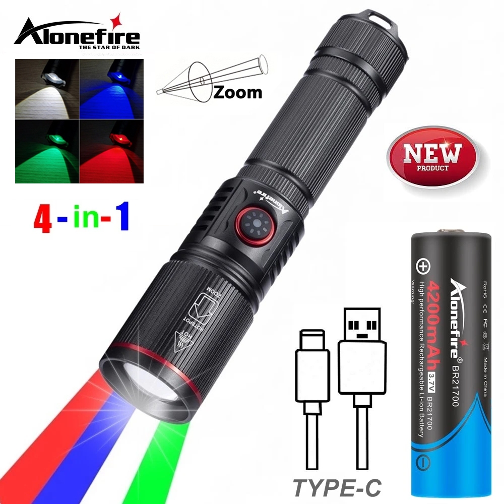 Alonefire SV96 Multifunctional 4 in 1 Zoomable High Power LED Flashlight RGB USB Rechargeable ...