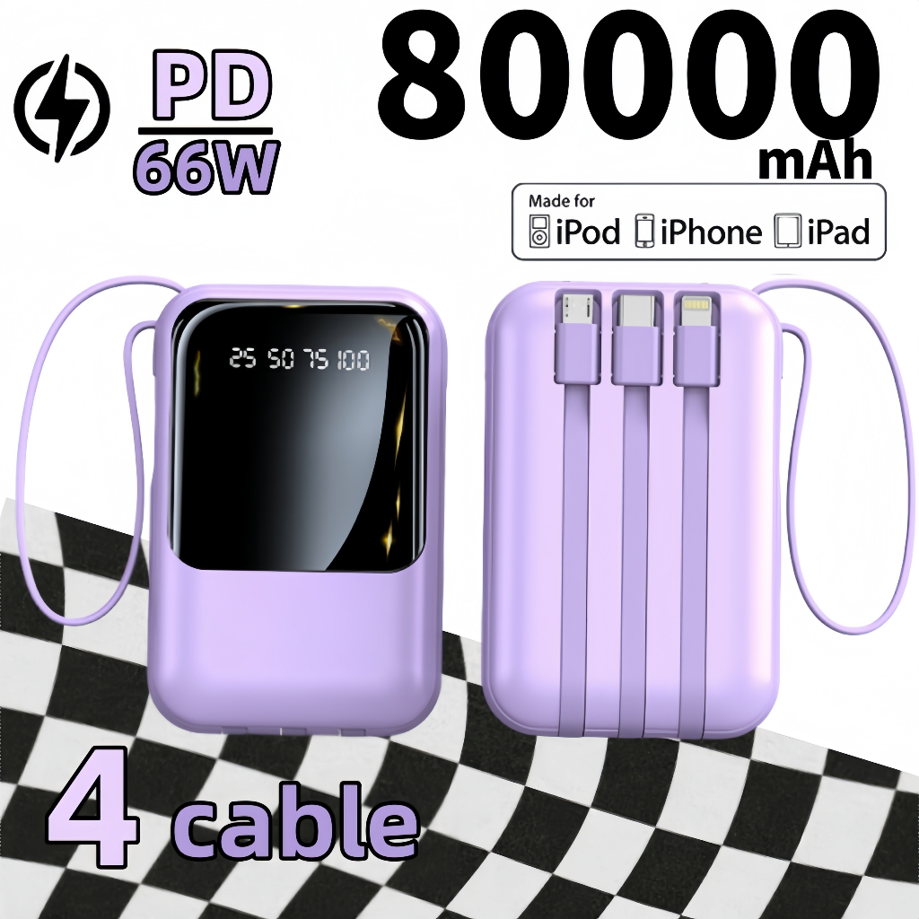 100% original powerbank 80000mah mini power bank Built-in 4 Cables Full Mirror Screen Ultra Fast ...