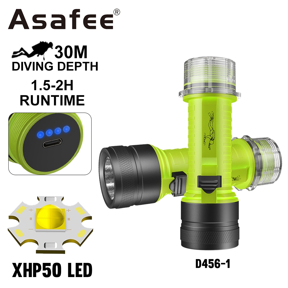 Asafee D456 Diving Flashlight XHP50 LED Light Dive Lamp 400LM Range100M ...