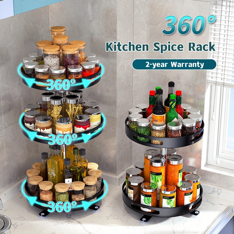 3-Tier 360° Rotating Spice Rack Rak Rempah Rak Penyimpanan Kitchen ...