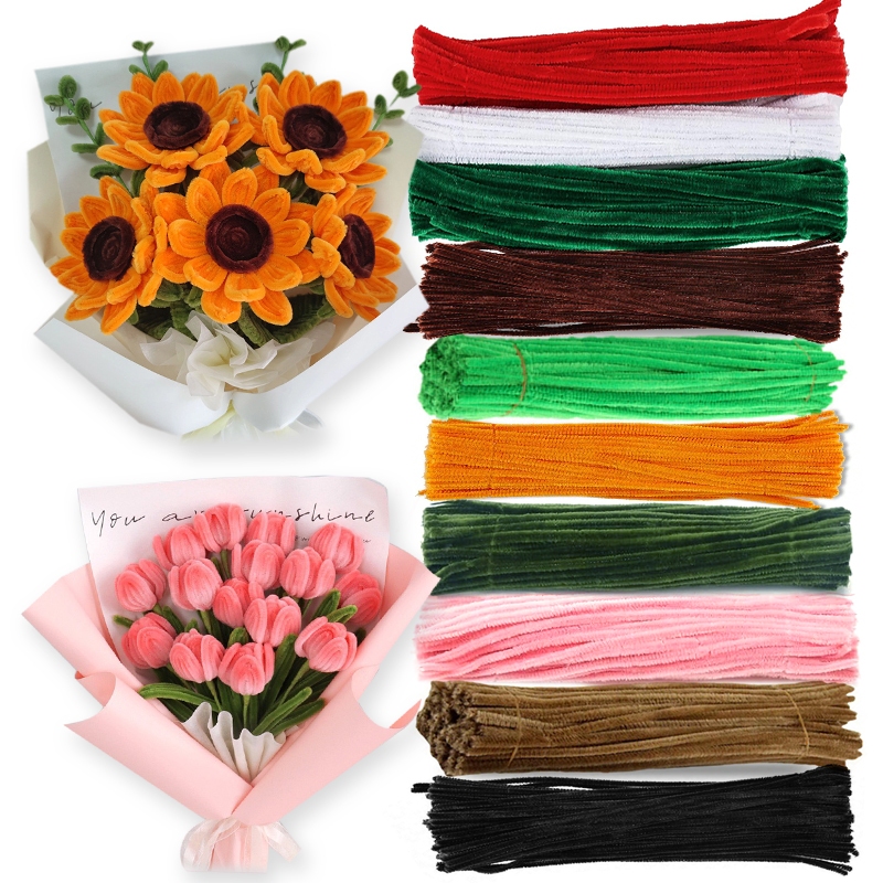 100Pcs fuzzy wire flower Dense fuzzy wire rose tulip pipe cleaner craft ...