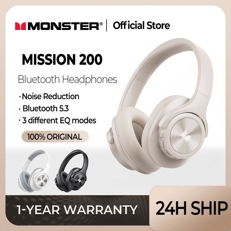 Monster MISSION 200 Wireless Headphone Bluetooth Headphone Foldable Headset With Built-in ...