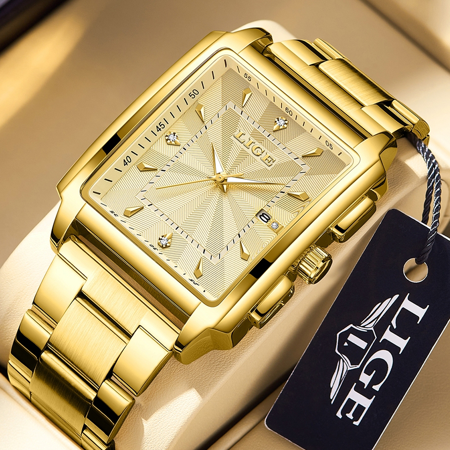 LIGE Men Watch Fashion Square Watch Luxury Gold Stainless steel ...