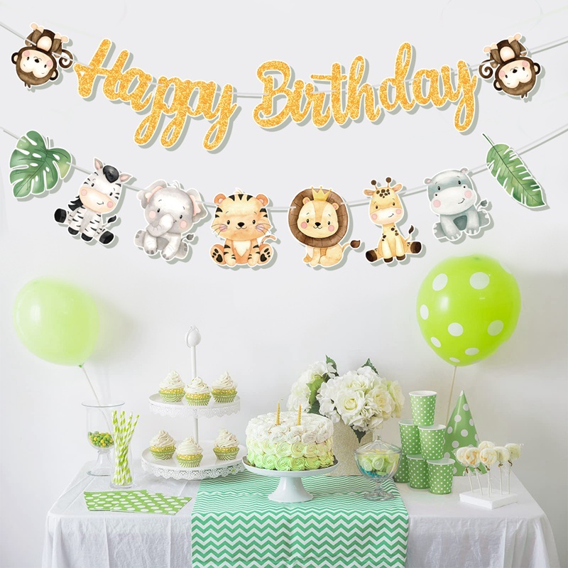 Cartoon Animal Happy Birthday Banner Safari Theme Party Decoration ...