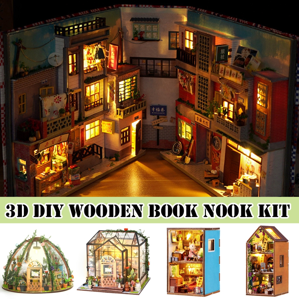 DIY Book Nook Kit 3D Wooden Book Stand Puzzle LED Glowing Book Nook DIY ...