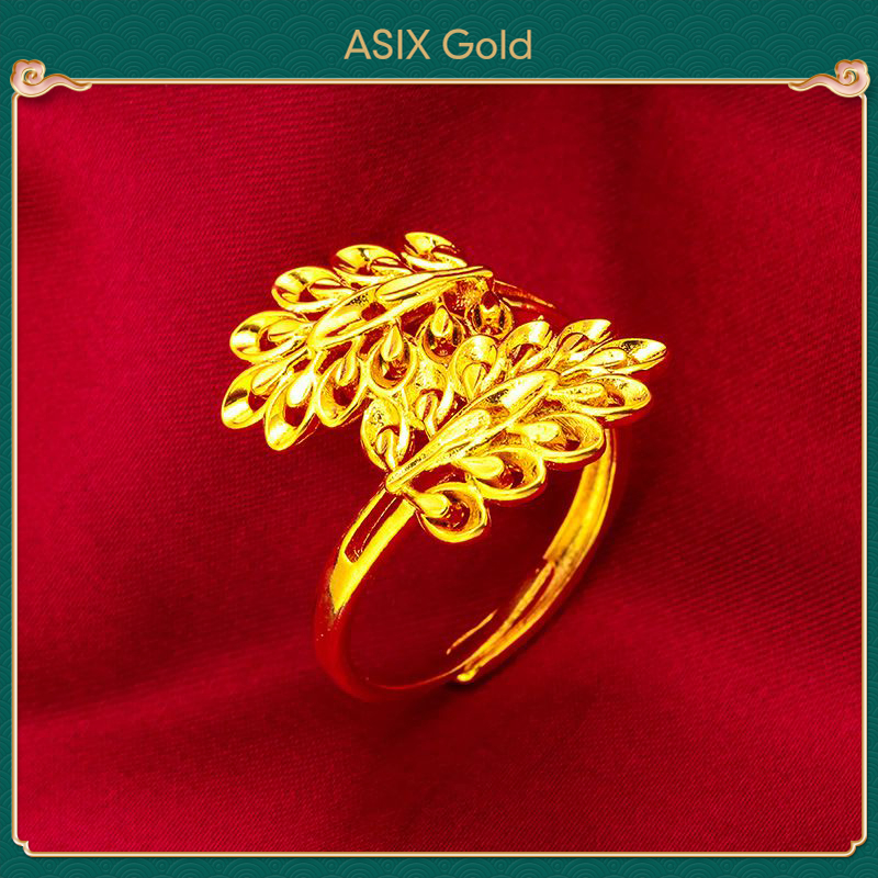 Emas 916 cincin daun taro berganda untuk wanita Ring 24K Gold Plated ...