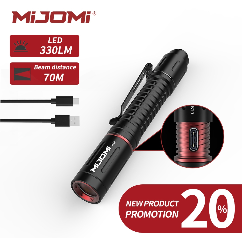 Mijomi B10 Mini Flashlight With Clip 330 Lumen Pocket EDC Torch Light ...