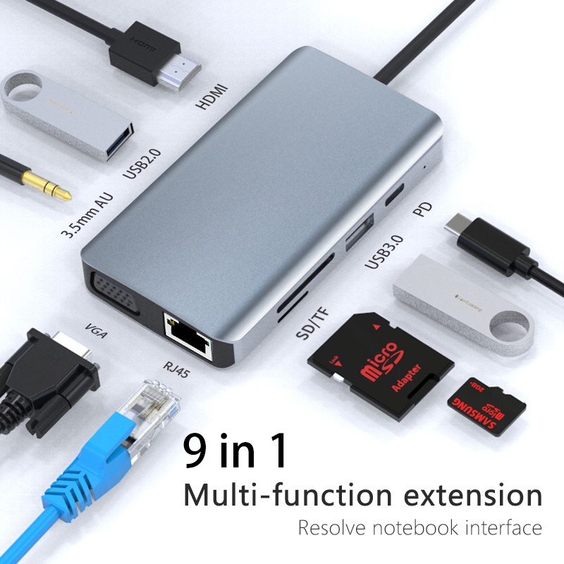 9in1 USB C Docking Station Type-C HUB USB3.0 HDMI 4K VGA Rj45 3.5MM SD ...