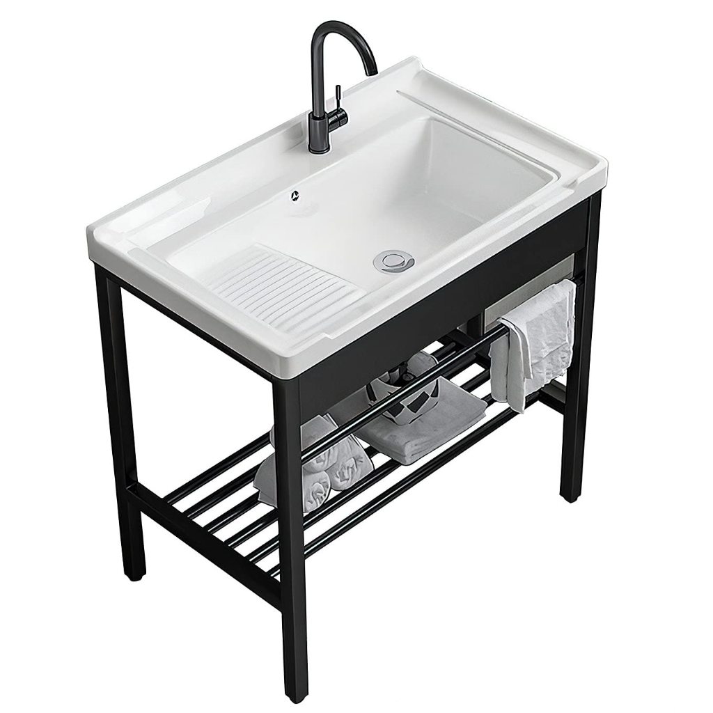 Bathroom Freestanding Sink Ceramic Utility Sink with Washboard Set with ...