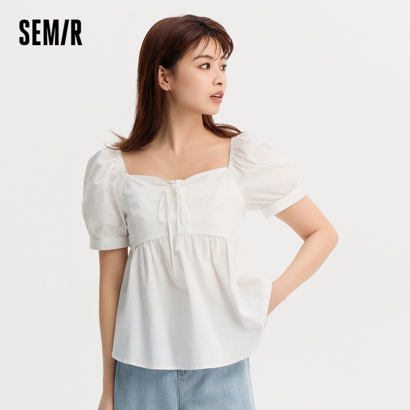 Senma Short-Sleeved Shirt Women Short Square Neck Puff Sleeve Bow ...