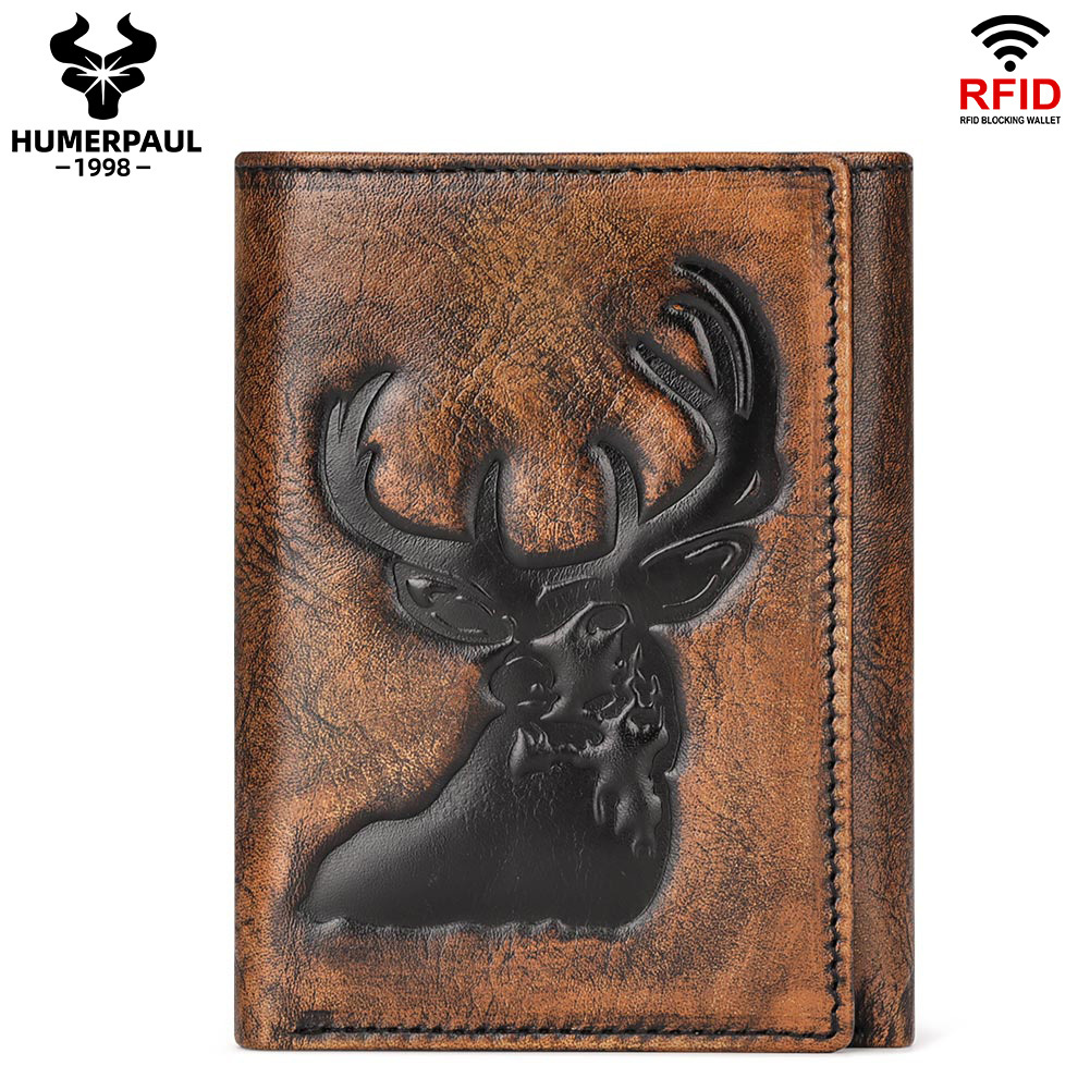 HUMERPAUL Wallet For Men Triple Fold Wallet Deer Design Cowhide surface ...