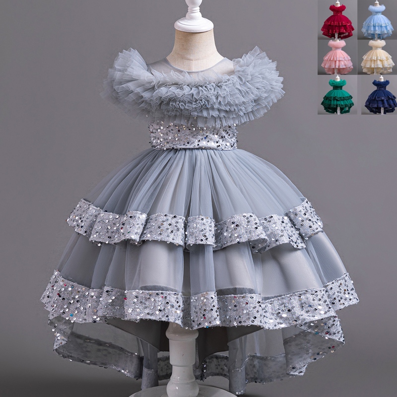 Girls Princess Grey Dresses Sequined Lace Trailing Green Dress For Kid ...