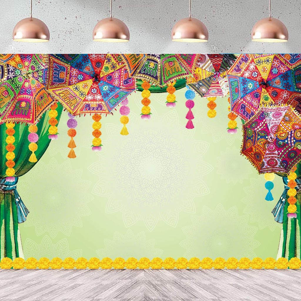 7x5ft Diwali Backdrop Green Curtain Boho Flowers Umbrella Indian ...