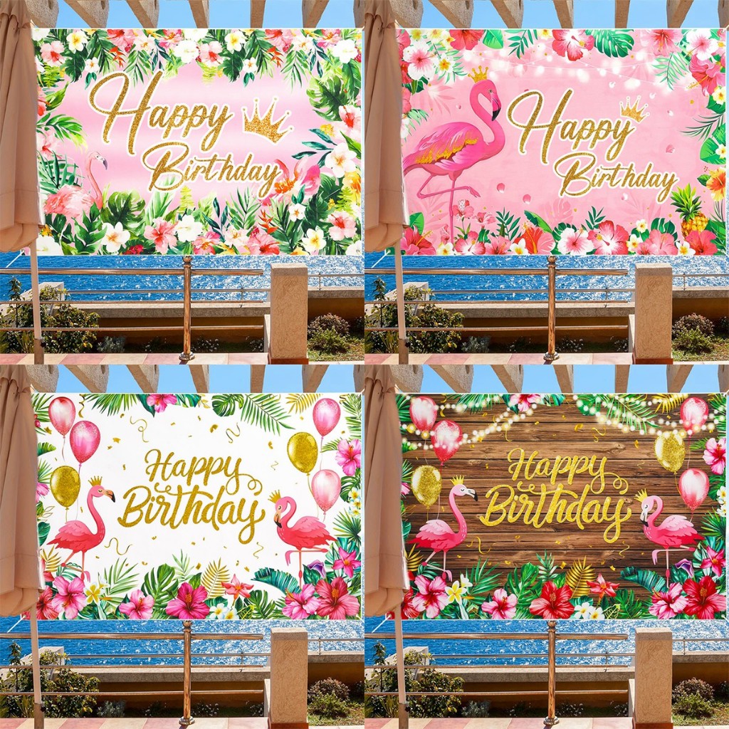 100*150cm Tropical Flamingo Happy Birthday Banner Vinyl Phoptography ...