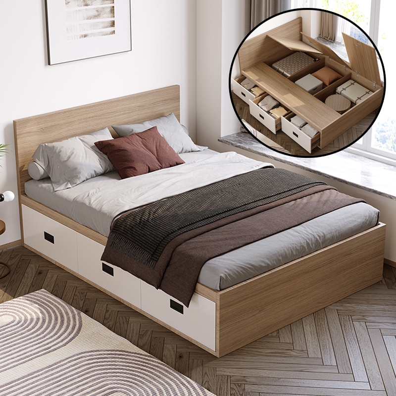 LSY Double High Tatami Japanese LSY Box Storage storage box queen bed Solid Wooden Bed Modern ...