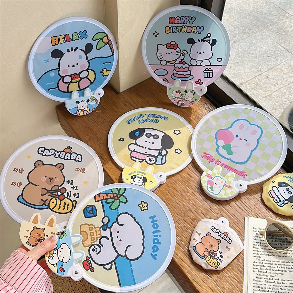 Cute Capybara Folding Group Fan Cartoon Pochacco Mini Round Fan ...