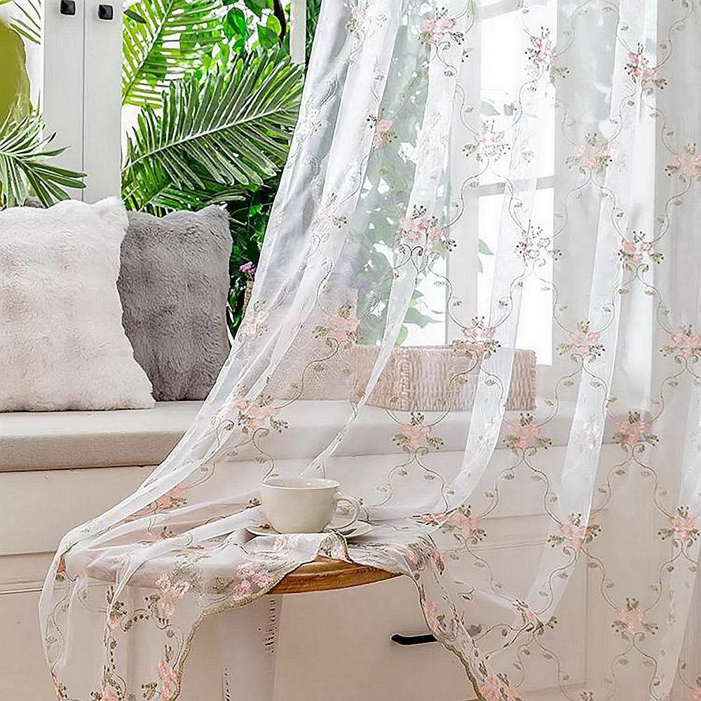 Pastoral Little Pink Flower Embroidery Sheer Curtains for Daughters ...