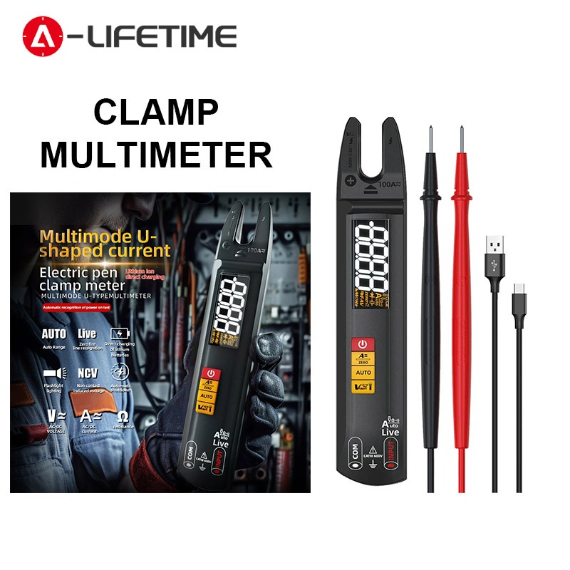 U0Rechargeable Digital Clamp Meter Multimeter Fork DC AC 100A Ammeter ...
