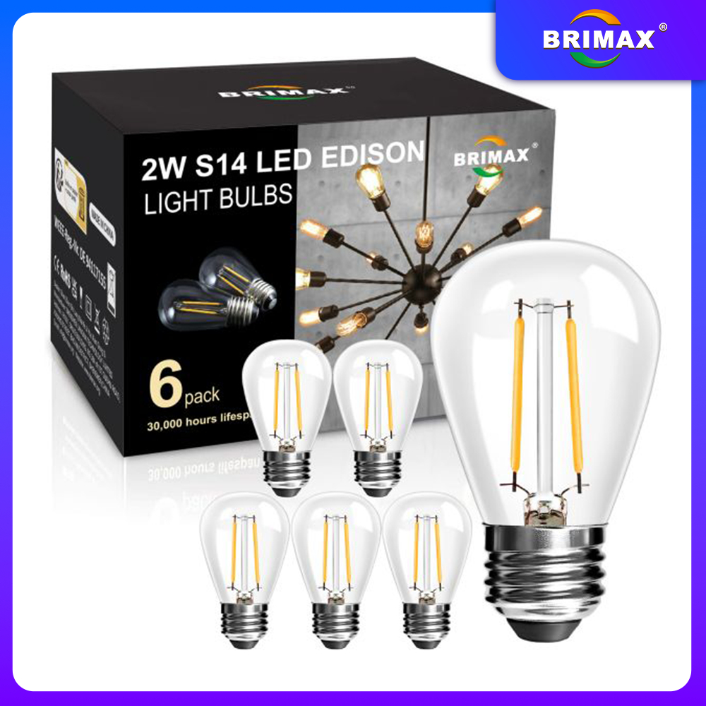 BRIMAX 6 Pack S14 LED Bulbs, AC220V-240V, 2W=20W, 2200K Warm White E27 Screw Bulbs Shatterproof ...