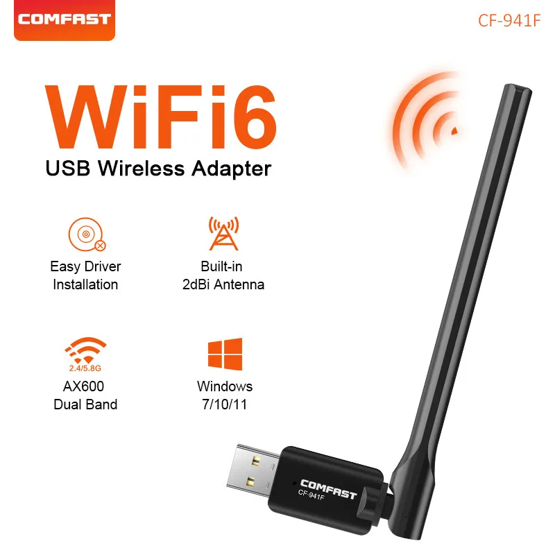 Comfast WiFi6 USB Adapter with High Gain Antenna Driver-Free Wireless Network Card 600Mbps 2.4G ...