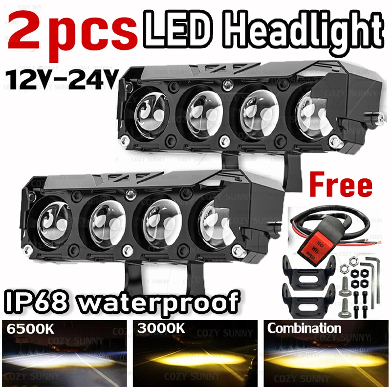 2PCS Mini Driving Light Motorcycle Mdl with 4-Lens Led Light for Motor White+Yellow Headlight ...