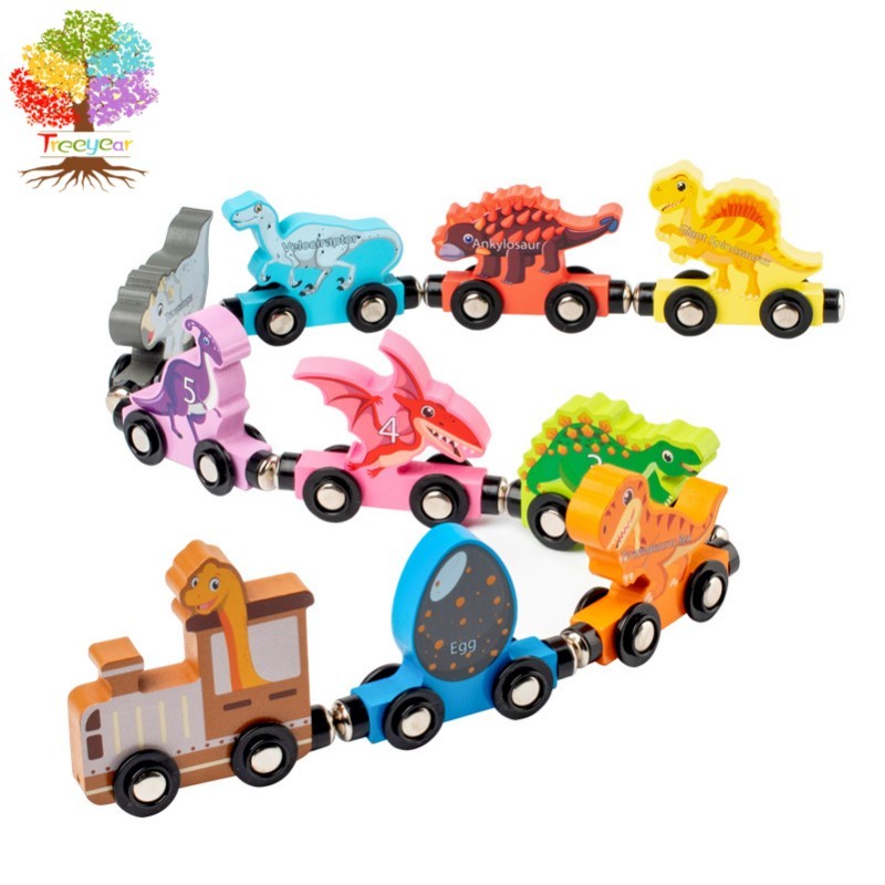Wooden Train Set with Dinosaur Toys, Snap-Connection Dinosaur Train ...