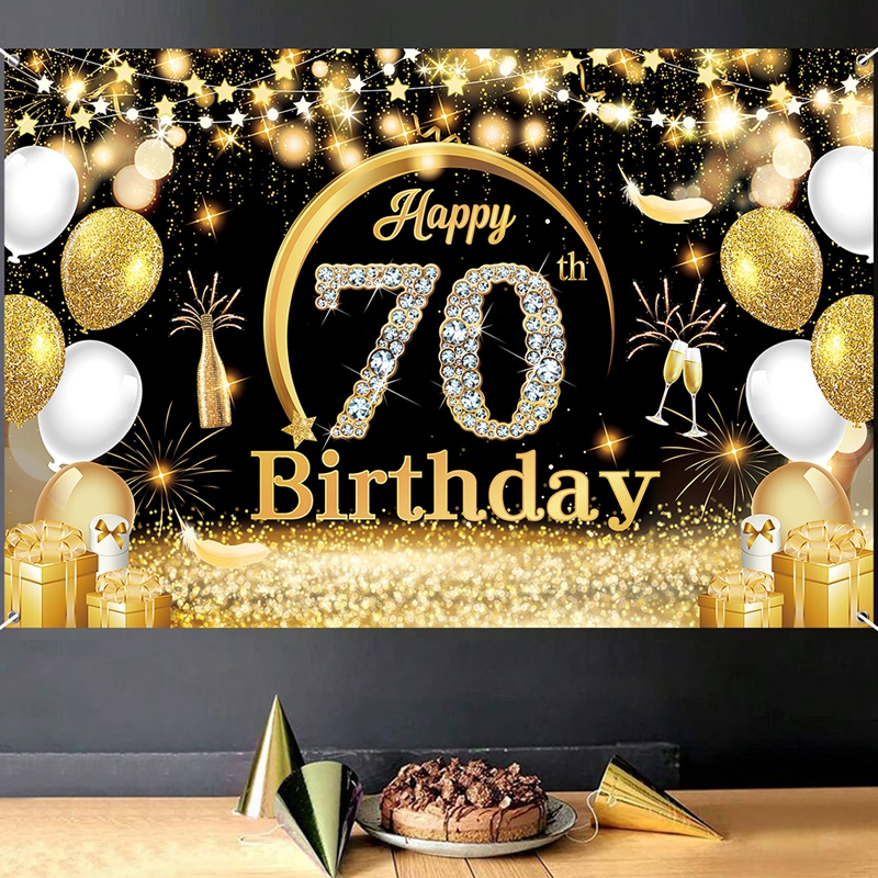 Happy 70th Birthday Backdrop Black and Gold Birthday Party Decorations Glitter Balloons ...