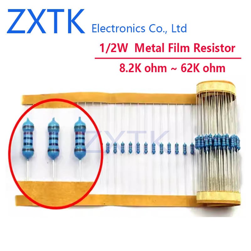 50pcs 0.5watt 1/2W Metal Film Resistor 8.2K 9.1K 10K 11K 12K 15K 16K ...