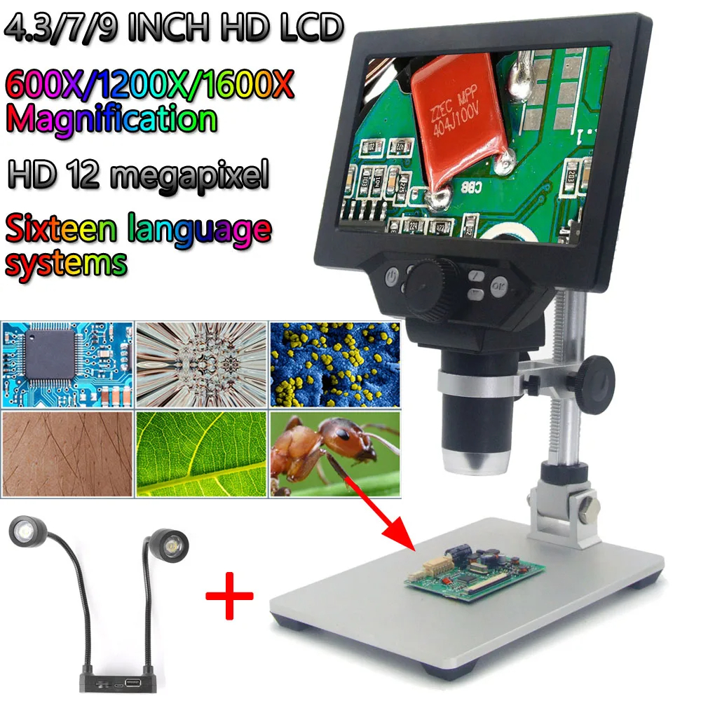 1600X 1200X 600X Digital Microscope USB Portable 9" 7" 4.3" LCD Video ...