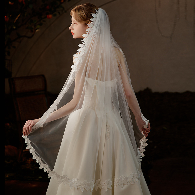 Lace Bridal Veil Simple White Single Layer Medium Long Wedding ...