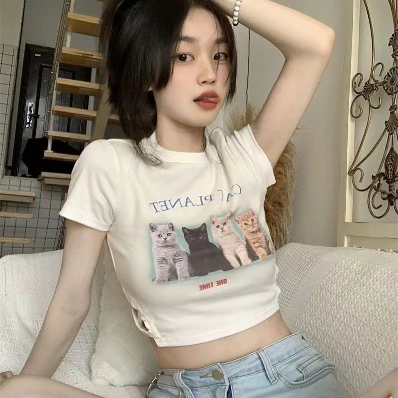 【x Style】cartoon Print Slim Fit Navel Cropped Fashion Short Sleeved T