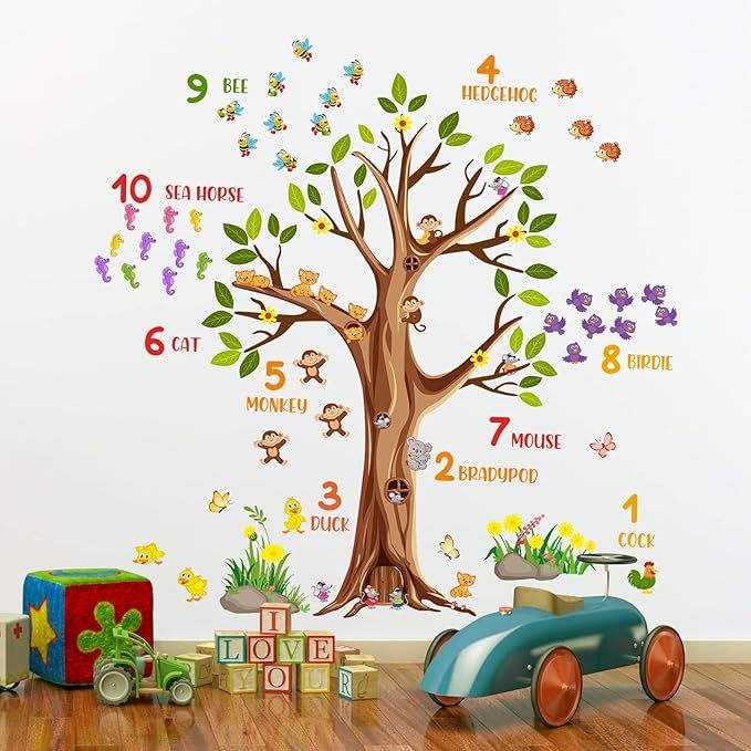 Number Wall Stickers Giant Cartoon Brown Tree Wall Decals Learning ...