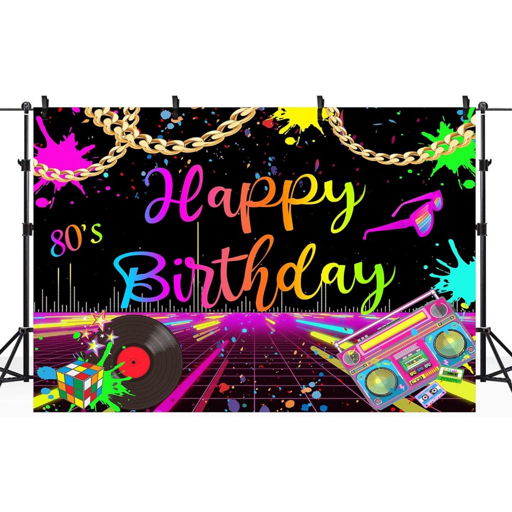 80'S Theme Birthday Party banner, Retro Neon Graffiti Colorful Back to 80s Music Parties ...