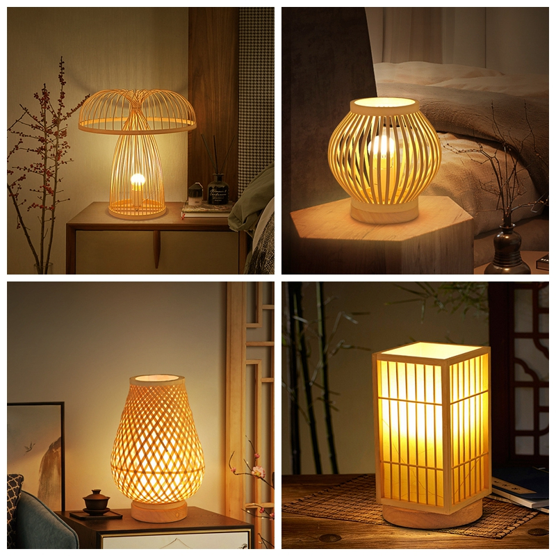 Lampu Meja Japanese Bamboo Woven Table Lamp Rechargeable Retro Zen ...