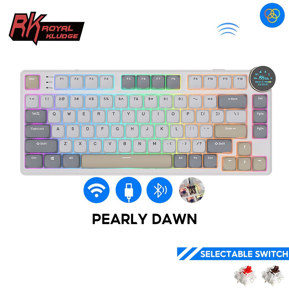 Royal Kludge RK N80 Pearly Dawn 80 Key Low Profile Tri-Mode RGB Wired Bluetooth 2.4G Wireless ...